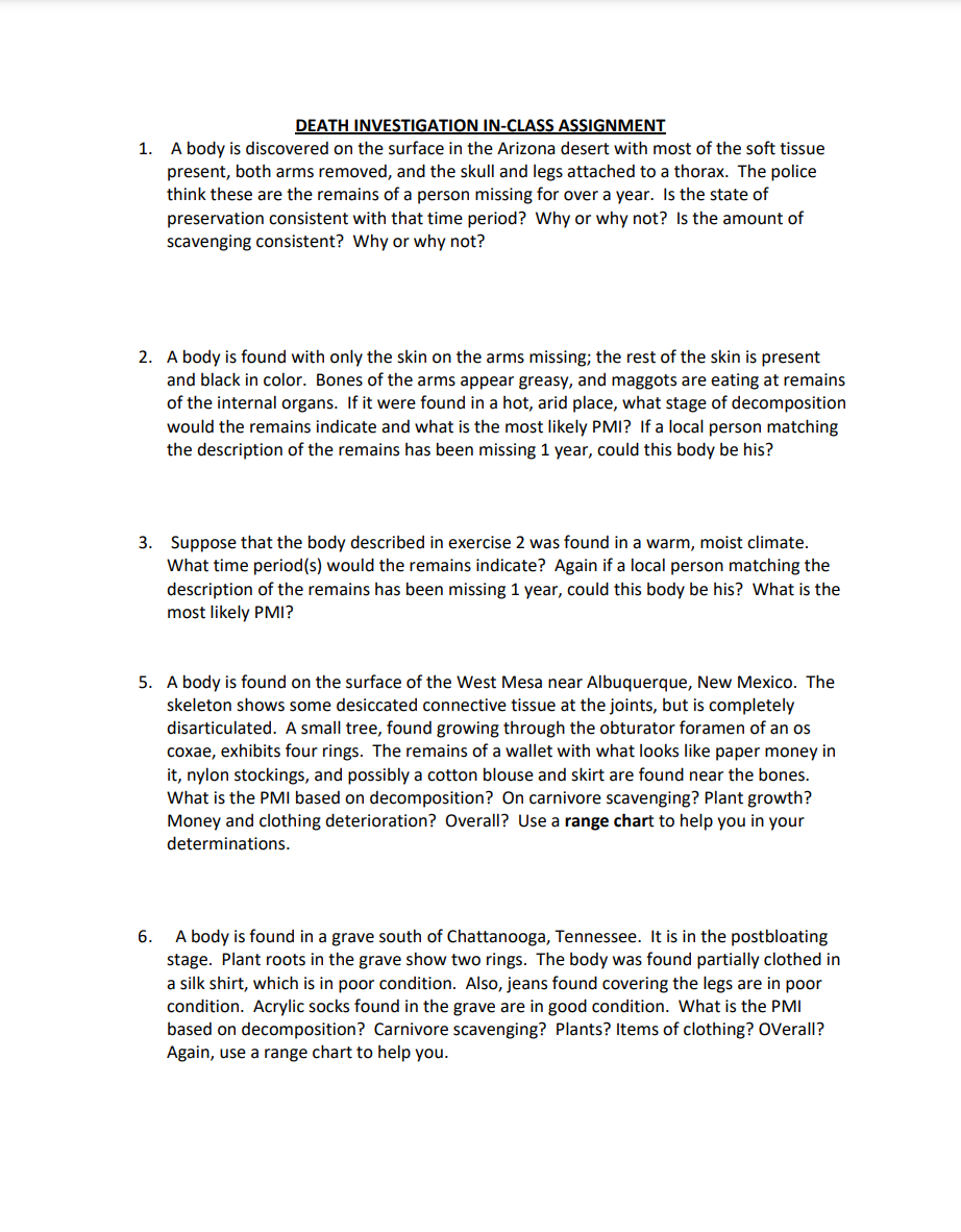 Solved 1. DEATH INVESTIGATION IN-CLASS ASSIGNMENT A body is | Chegg.com