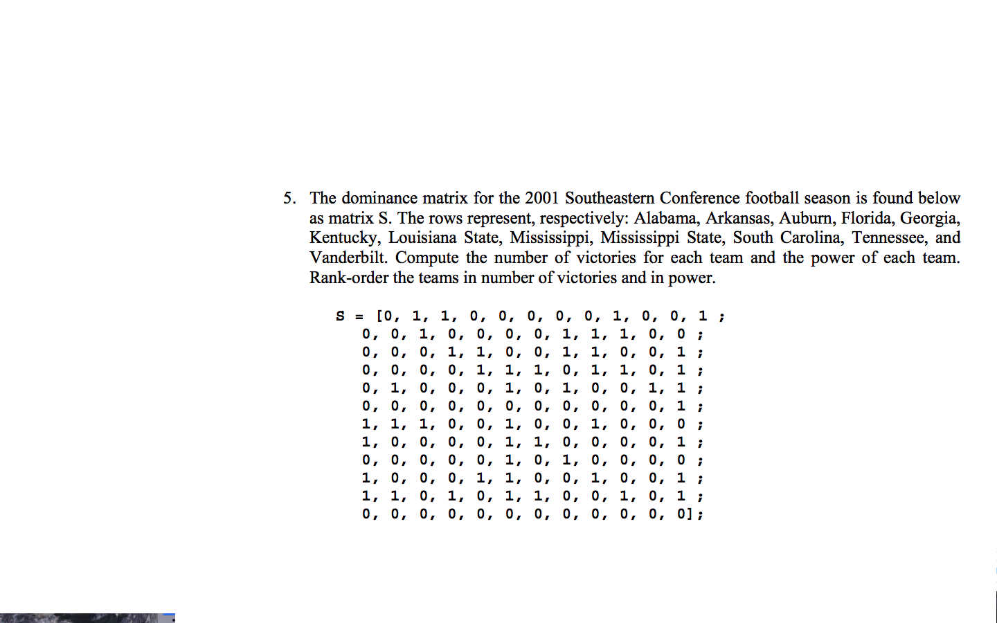 Solved 5. The dominance matrix for the 2001 Southeastern | Chegg.com