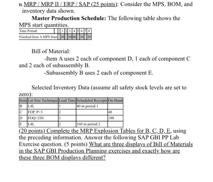 Solved I.MRP/MRP II /ERP/ SAP (25 points): Consider the MPS, | Chegg.com