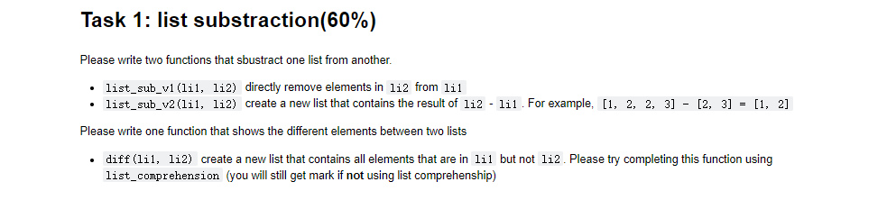 Solved Task 1: list substraction(60\%) Please write two | Chegg.com