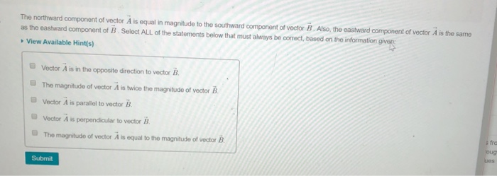 Solved The northward component of vector A is equal in | Chegg.com