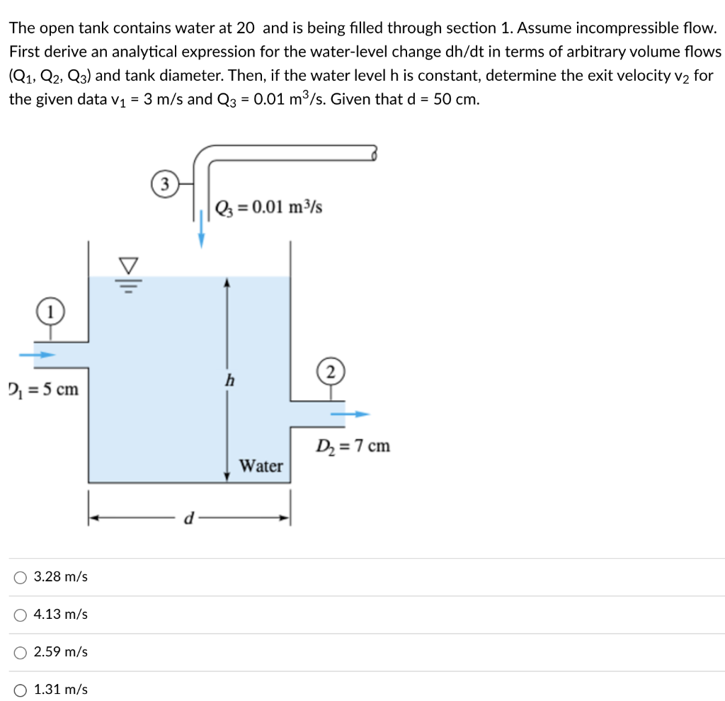 Solved The open tank contains water at 20 and is being | Chegg.com