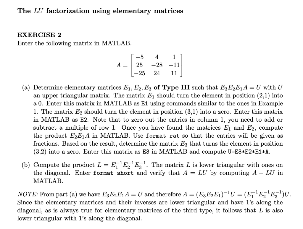 Solved The LU factorization using elementary matrices | Chegg.com