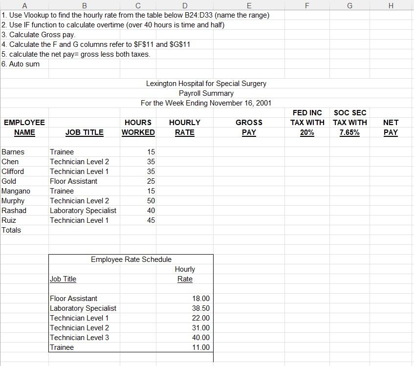1. Use Vlookup to find the hourly rate from the table | Chegg.com