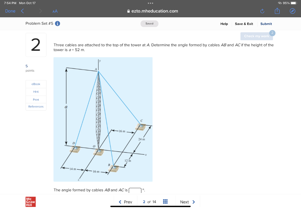Solved Three cables are attached to the top of the tower at | Chegg.com