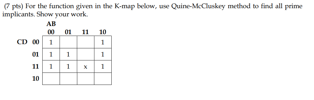 Solved (7 pts) For the function given in the K-map below, | Chegg.com