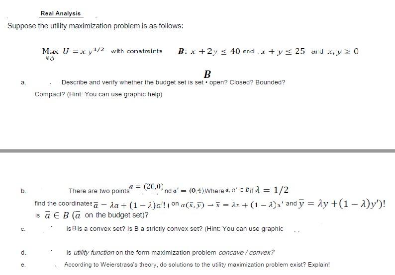 Real Analysis Suppose The Utility Maximization
