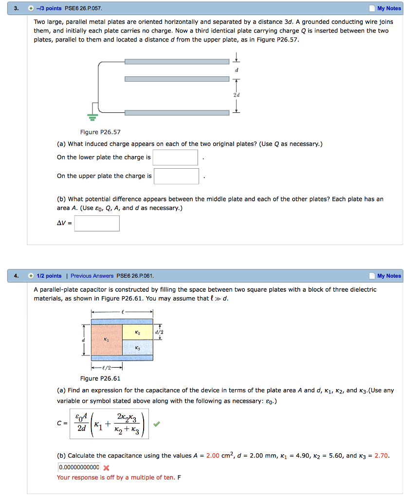 Solved 3. -3 points PSE6 26.P057 My Notes Two large, | Chegg.com