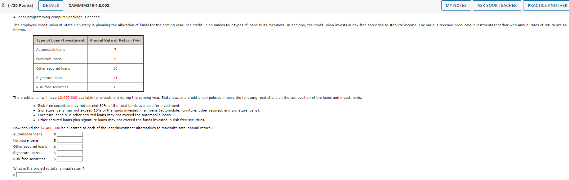 Solved −/20 Points] CAMMIMS16 4.E.003. A linear programming | Chegg.com