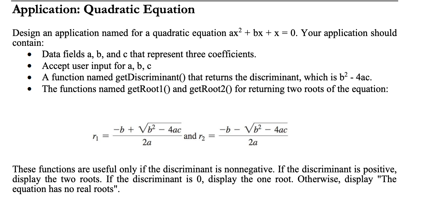 Solved Application: Quadratic Equation Design an application | Chegg.com