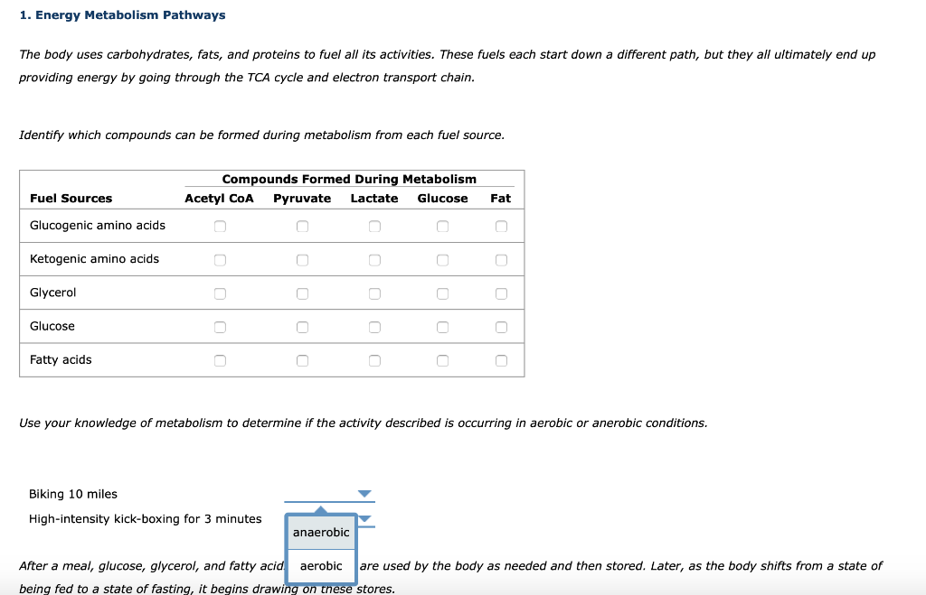Solved 1. Energy Metabolism Pathways The body uses | Chegg.com