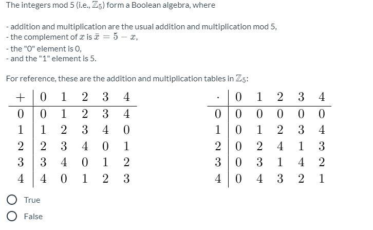 Solved The integers mod 5 (i.e., Z5) form a Boolean algebra, | Chegg.com