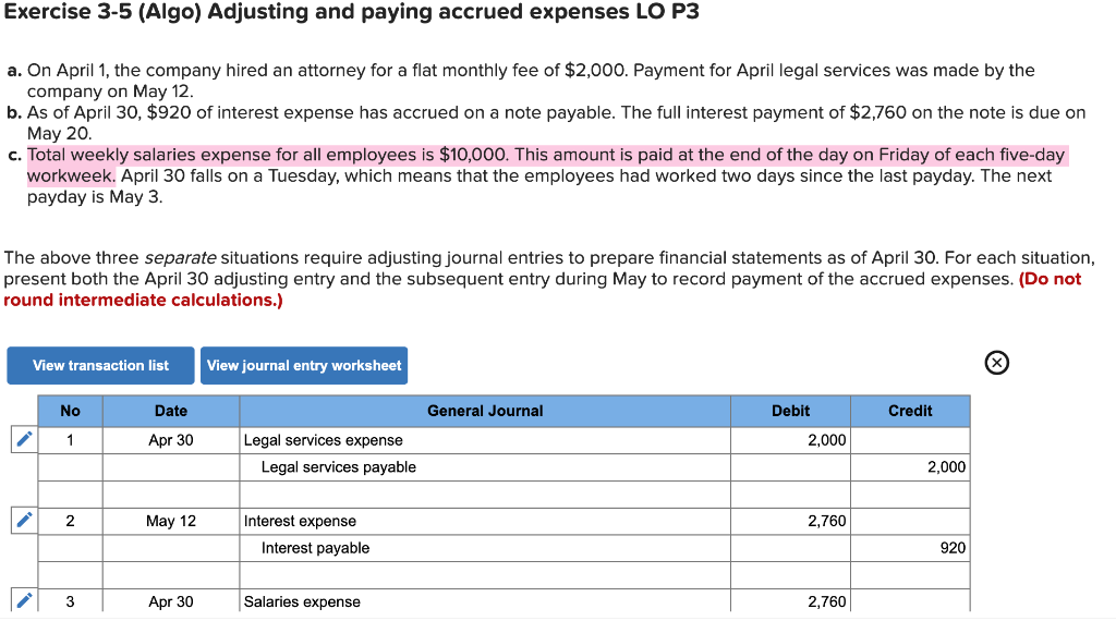 Solved Exercise 3-5 (Algo) Adjusting and paying accrued | Chegg.com