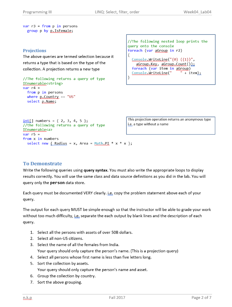 Solved Programming III LINQ: Select, filter, order | Chegg.com