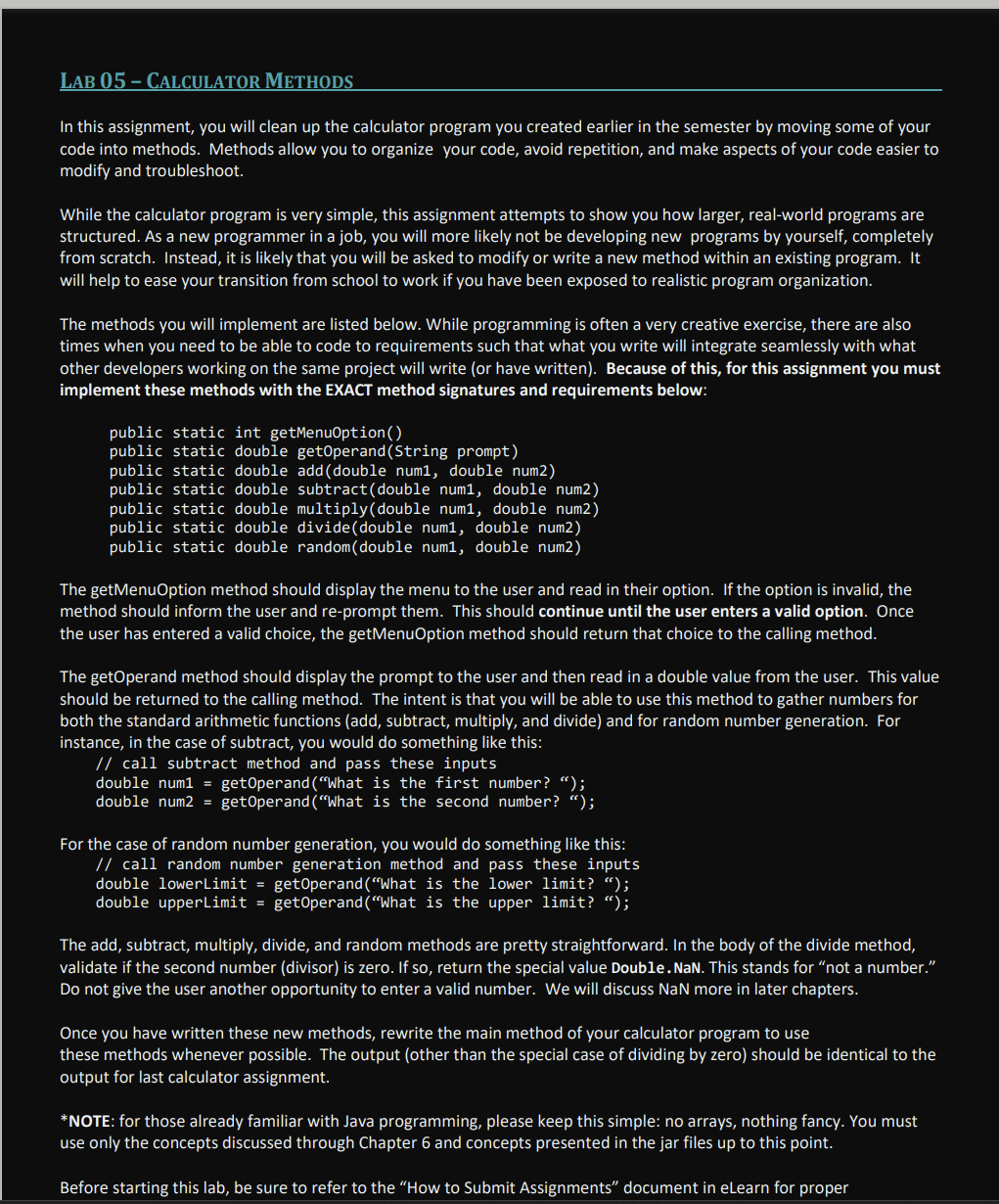 Solved LAB 05 - CALCULATOR MeTHODS In this assignment, you | Chegg.com