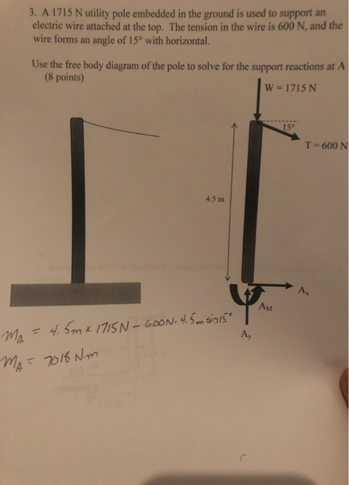 Solved 3. A 1715 N utility pole embedded in the ground is | Chegg.com