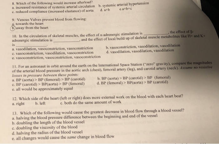 Solved 8. Which of the following would increase afterload? | Chegg.com