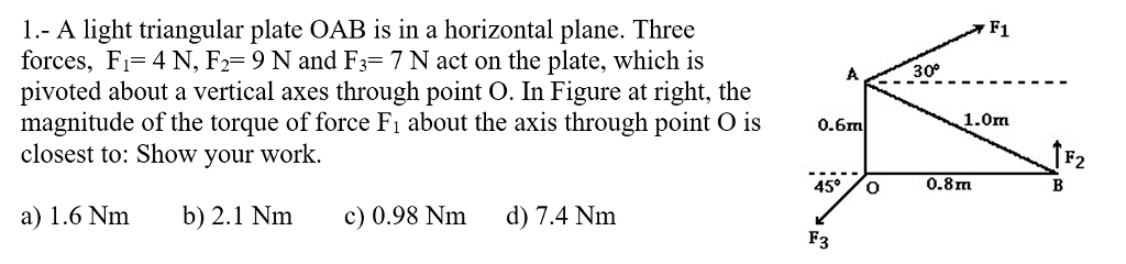 Solved A light triangular plate OAB is in a horizontal | Chegg.com