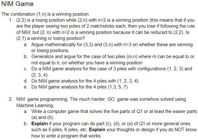 NIM Game The combination (1,n) is a winning position. | Chegg.com