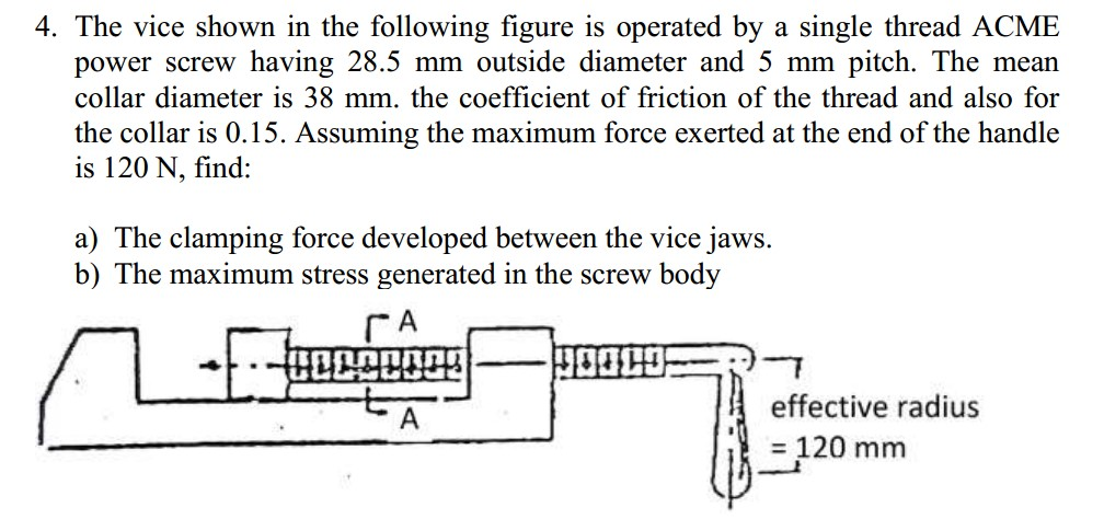 Solved 4. The vice shown in the following figure is operated | Chegg.com