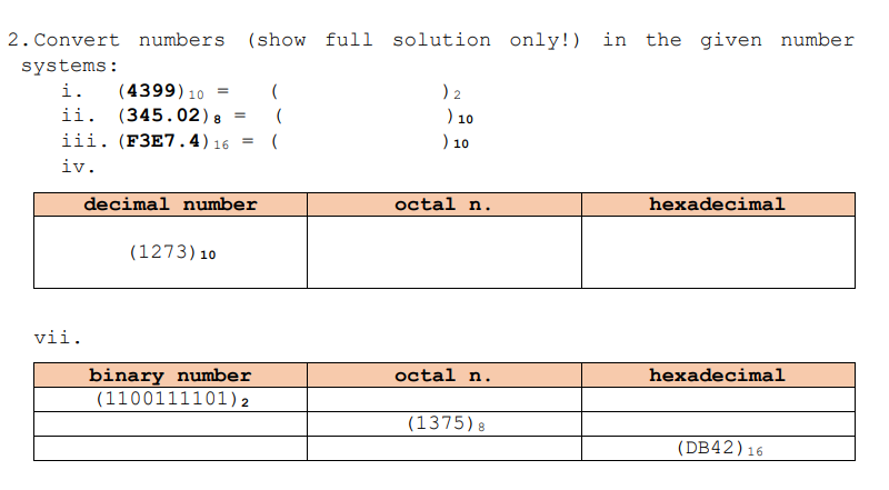Solved 2. Convert numbers (show full solution only!) in the | Chegg.com