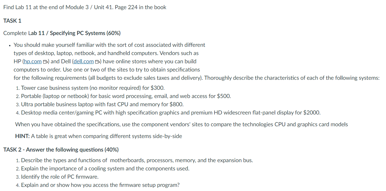 Solved Complete Lab 11 / Specifying PC Systems (60\%) - You | Chegg.com