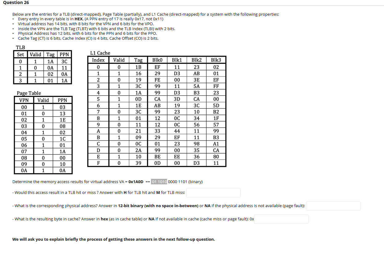 Solved Question 26 Below are the entries for a TLB | Chegg.com