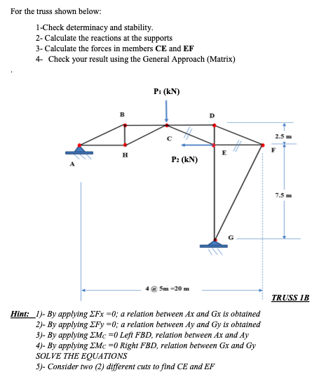 Solved For the truss shown below: 1-Check determinacy and | Chegg.com