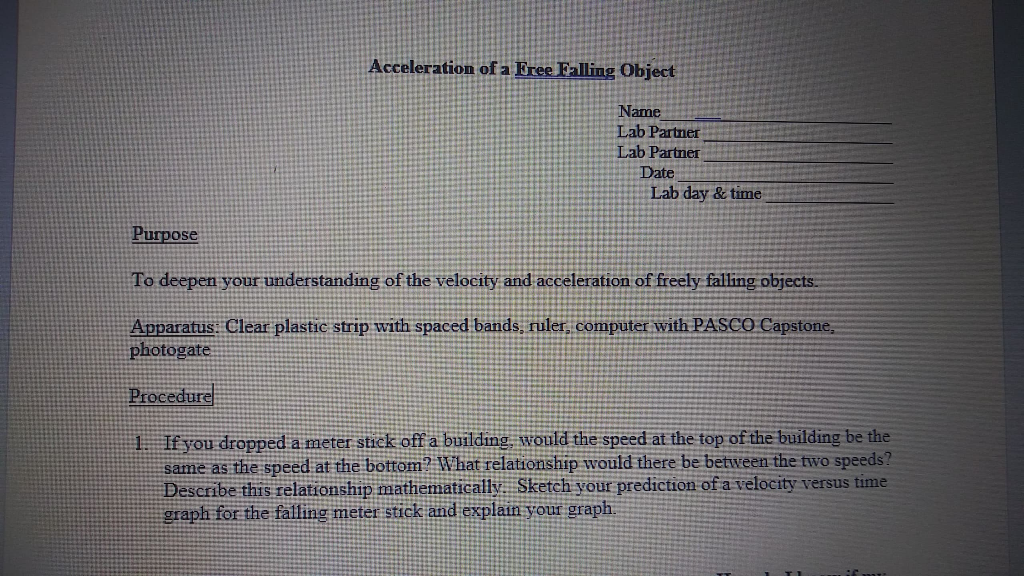 Solved Acceleration of a Free Falling Object Name Lab | Chegg.com