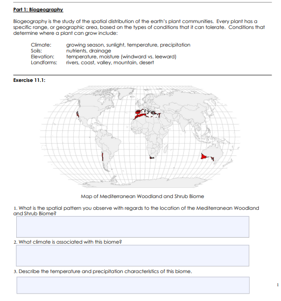 Solved Part 1: Biogeography Biogeography is the study of the | Chegg.com
