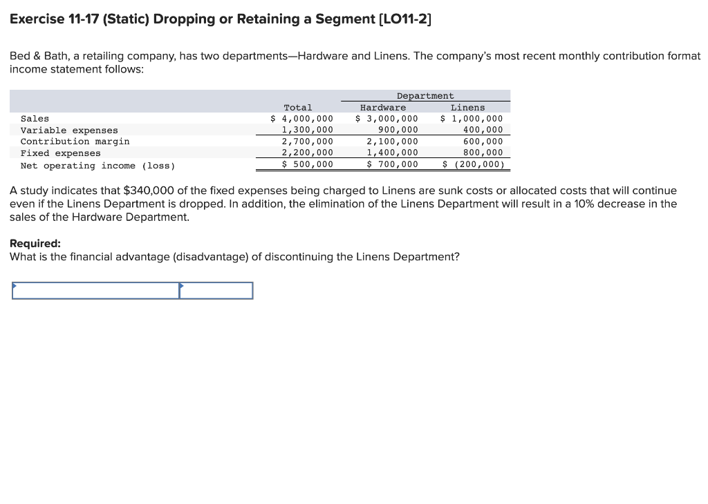 Solved Exercise 11-17 (Static) Dropping or Retaining a | Chegg.com