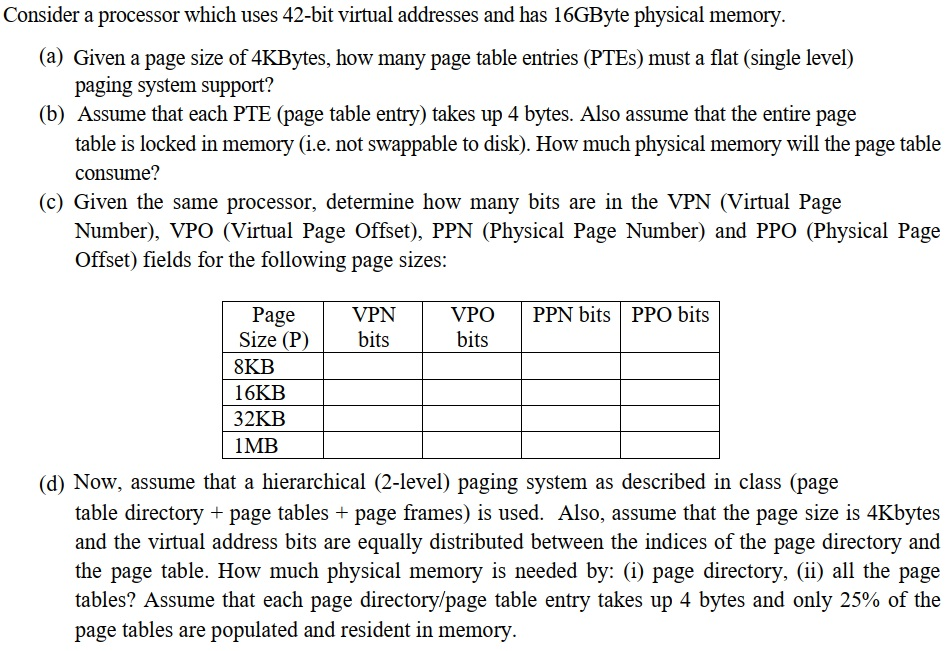 Consider a processor which uses 42-bit virtual | Chegg.com