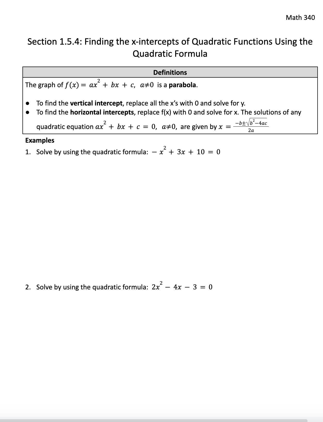 Section 1.5.4: Finding the x-intercepts of ﻿Quadratic | Chegg.com