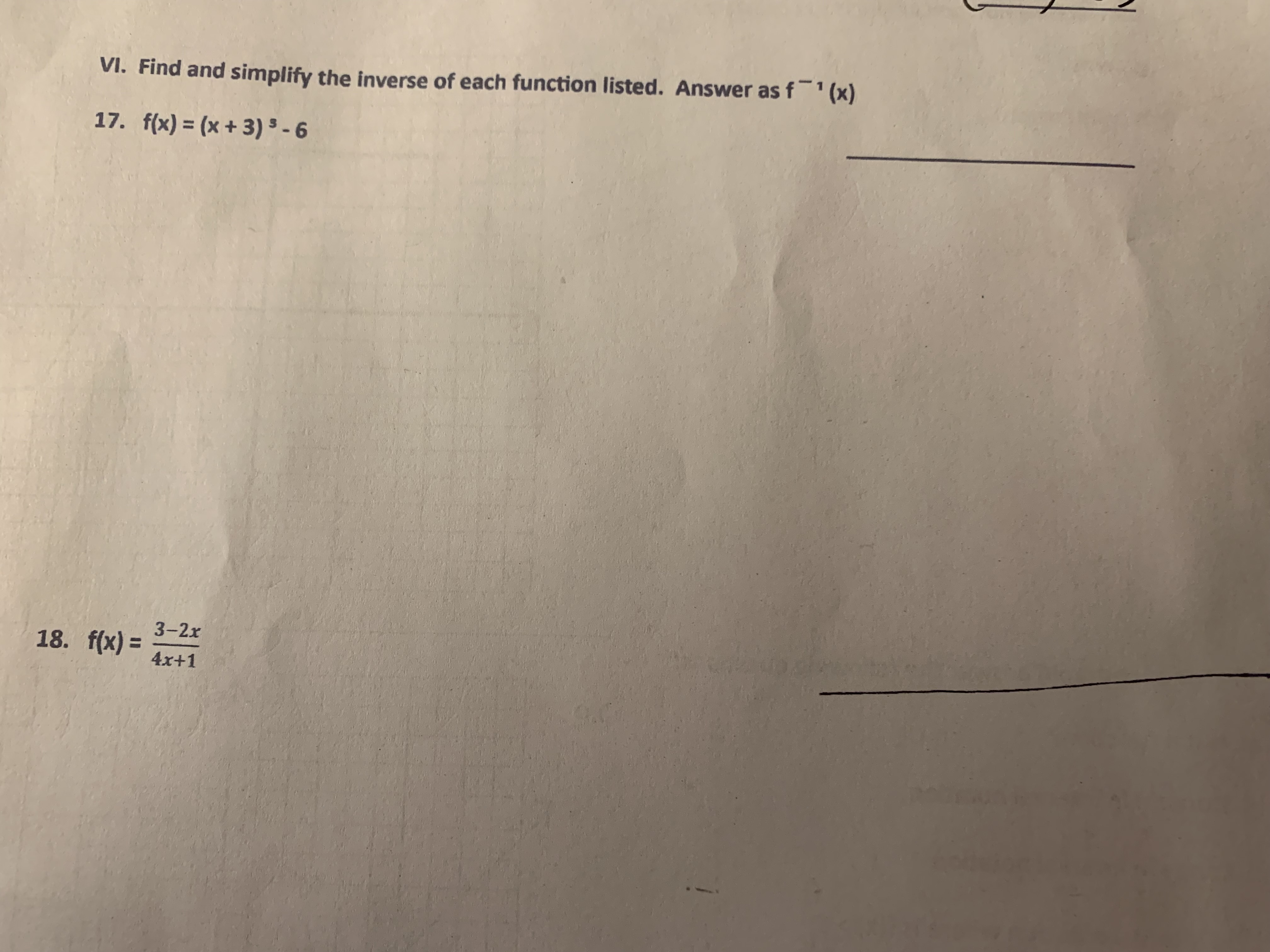 Solved VI. Find and simplify the inverse of each function | Chegg.com