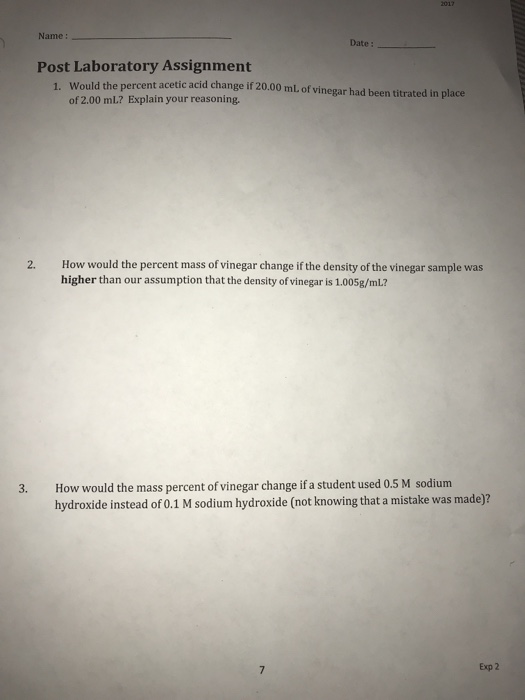 Solved Name: Date: Post Laboratory Assignment ent acetic | Chegg.com