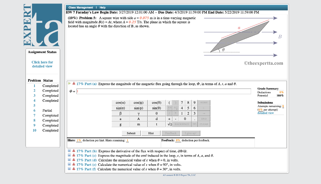 Solved Class Management Help HW 7 Faraday's Law Begin Date: | Chegg.com