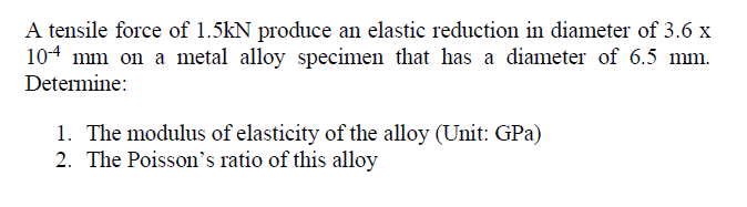 Solved A tensile force of 1.5kN produce an elastic reduction | Chegg.com