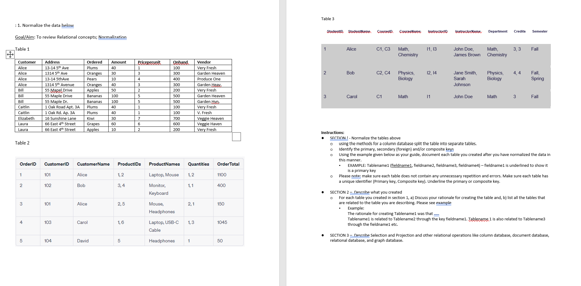 Solved Instructions: SECTION ! - Normalize the tables | Chegg.com