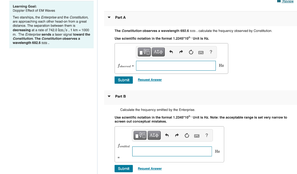 Solved Review Part A Learning Goal: Doppler Effect of EM | Chegg.com