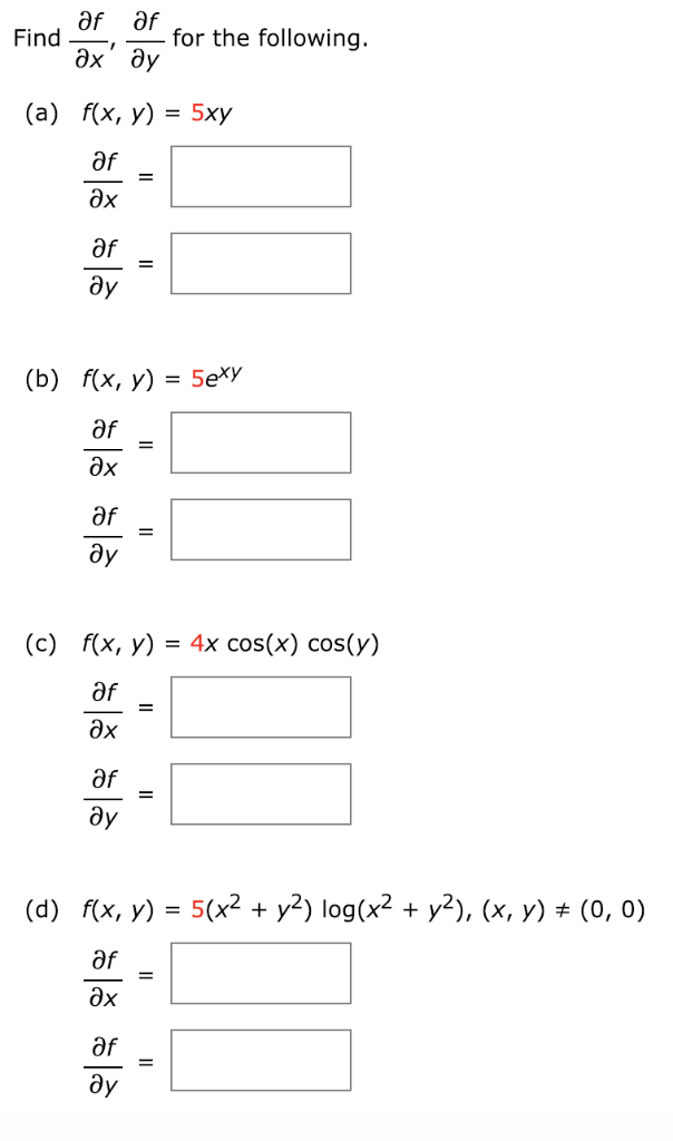 Solved Find For The Following ах ду A F X Y 5xy Of Эк
