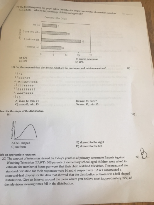 Solved 1) The Excel frequency bar graph below describes the | Chegg.com