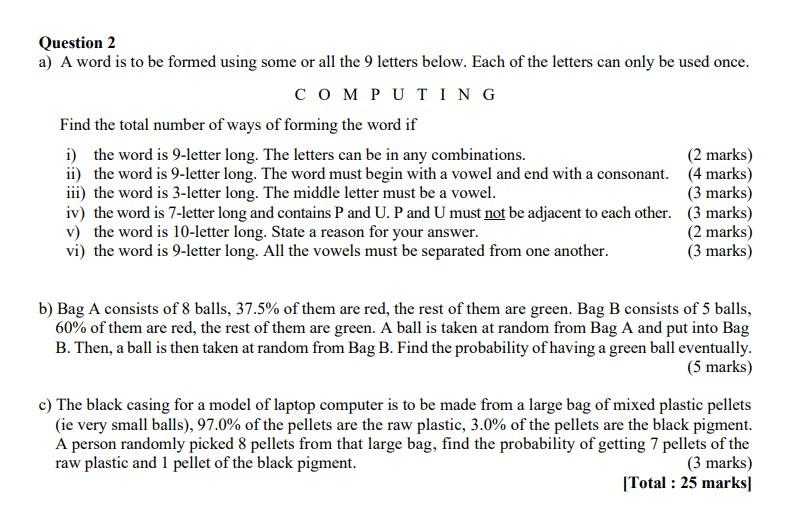 Solved Question 2 a) A word is to be formed using some or | Chegg.com