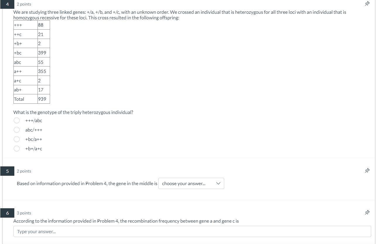 Solved 42 ﻿pointsWe ﻿are studying three linked genes: +a,+b, | Chegg.com