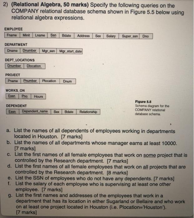 Solved 2) (Relational Algebra, 50 marks) Specify the | Chegg.com