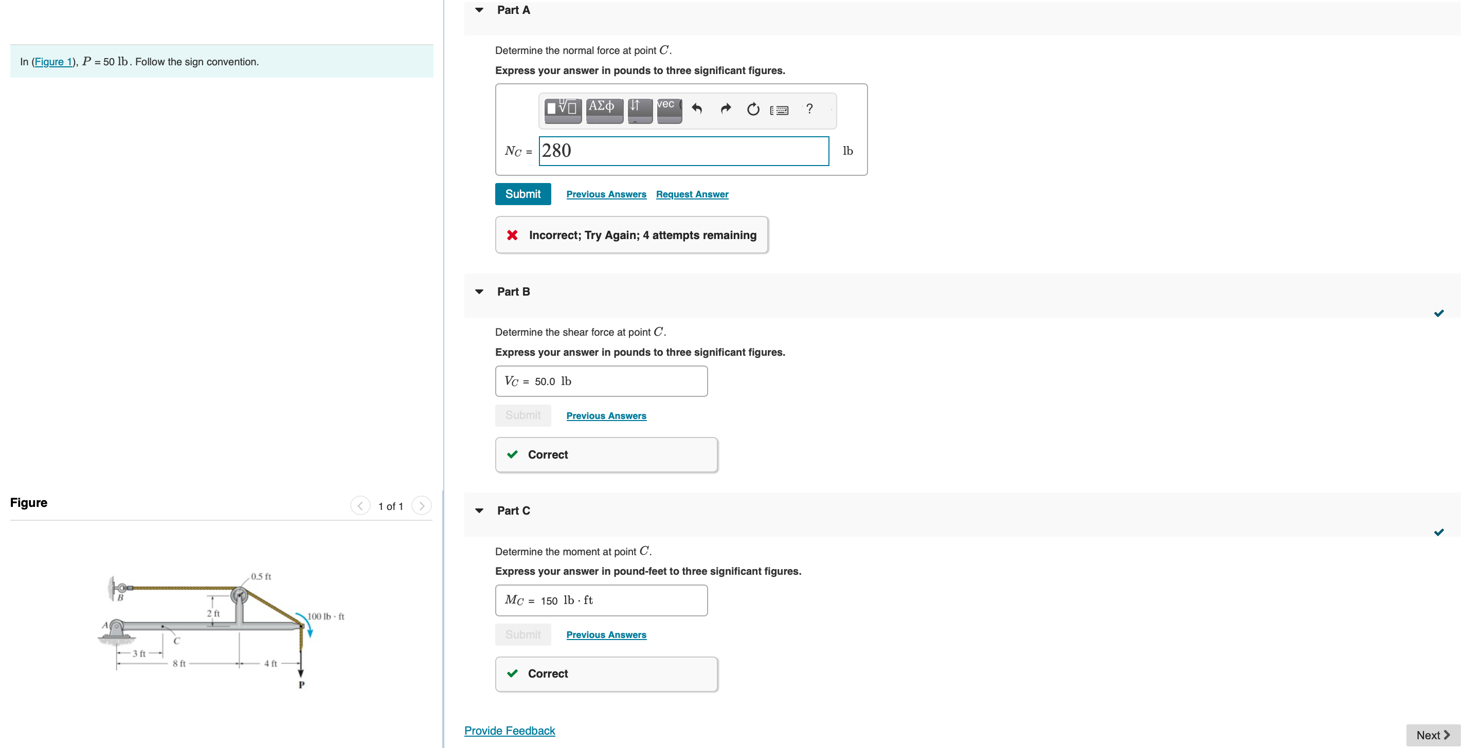 Solved In (Figure 1), P=50lb. Follow the sign convention. | Chegg.com