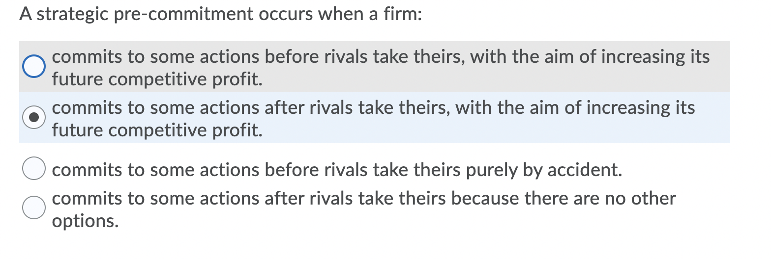 Solved A strategic pre-commitment occurs when a firm: | Chegg.com