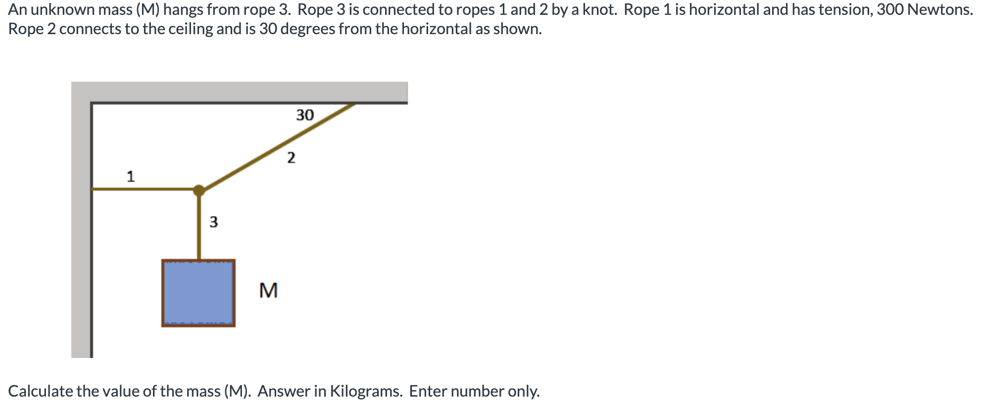 Solved An unknown mass (M) hangs from rope 3 . Rope 3 is | Chegg.com