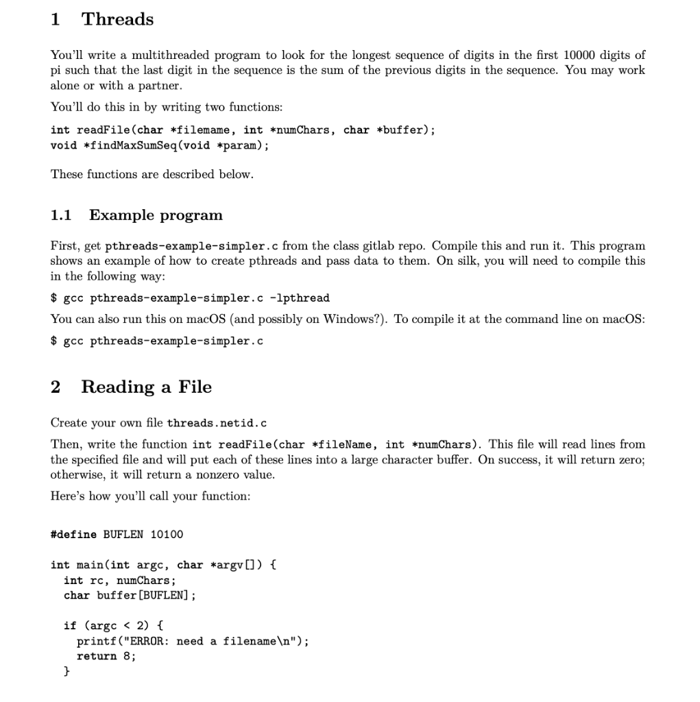 Solved 1 Threads You'll write a multithreaded program to | Chegg.com