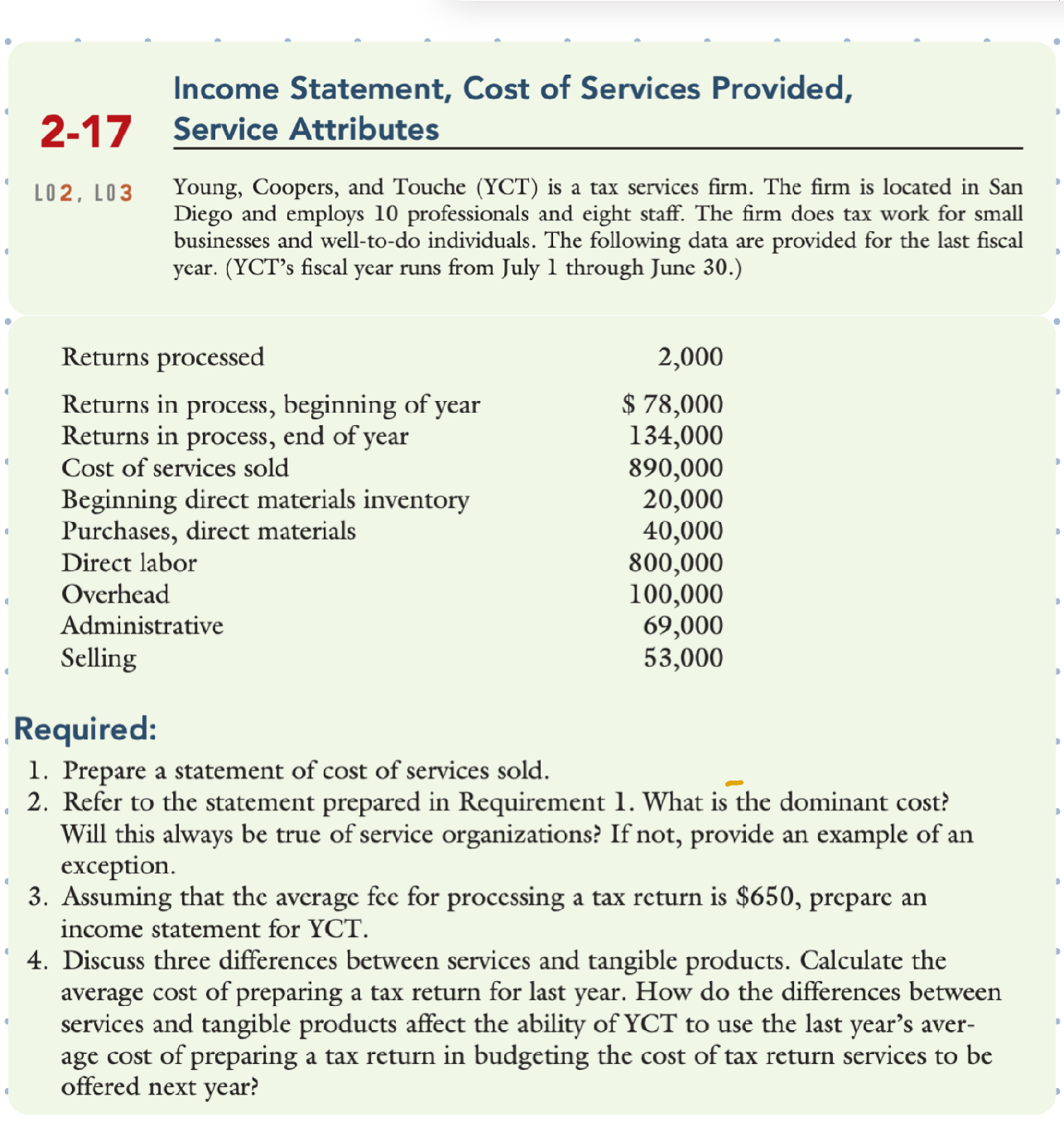 Solved Income Statement, Cost of Services Provided, 2-17 | Chegg.com