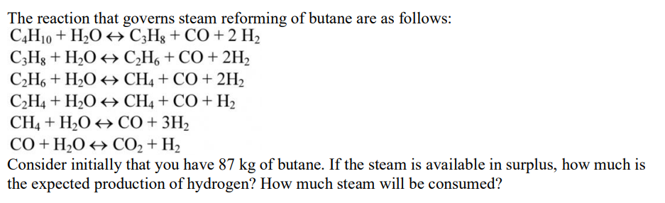 Solved The reaction that governs steam reforming of butane | Chegg.com